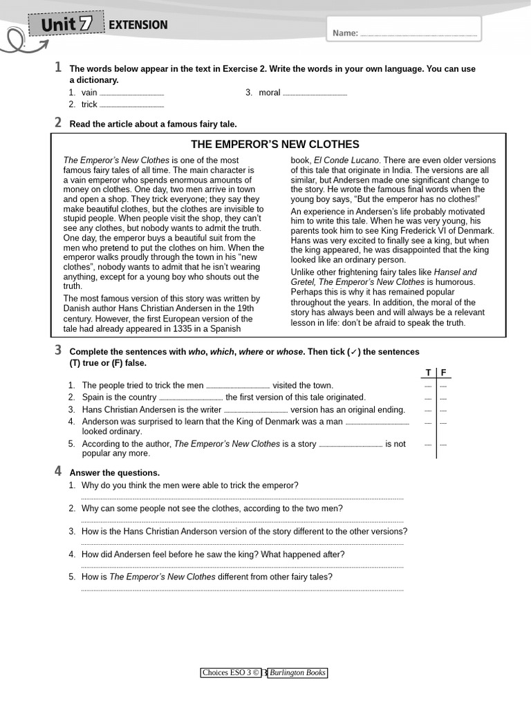 07Choices3 Unit7 Extension | PDF | Hans Christian Andersen