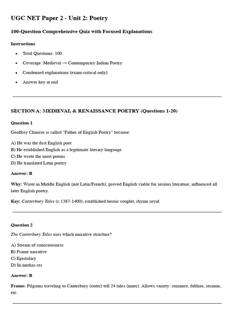 UGC NET Poetry Quiz: 100 Questions | PDF | Poetry | Edmund Spenser
