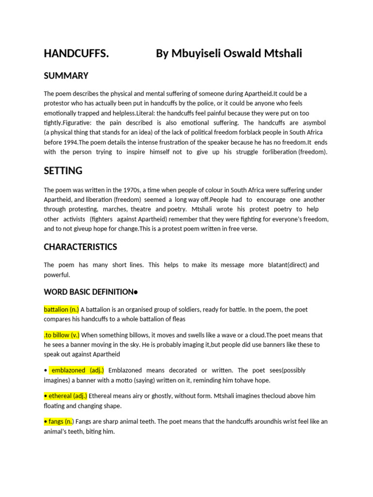 Apartheid Struggles in "Handcuffs" Poem | PDF | Handcuffs | Courage