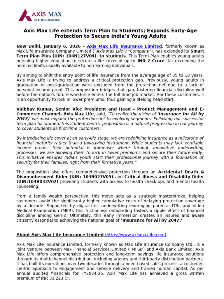 Press Release - Axis Max Life Extends Term Plan to Students_ Expands ...