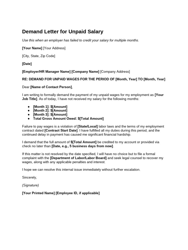 Demand Letter for Unpaid Wages | PDF