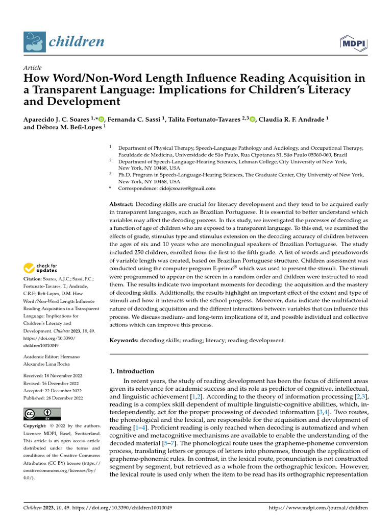 How WordNonWord Length Influence Reading Acquisition in a Transparent ...