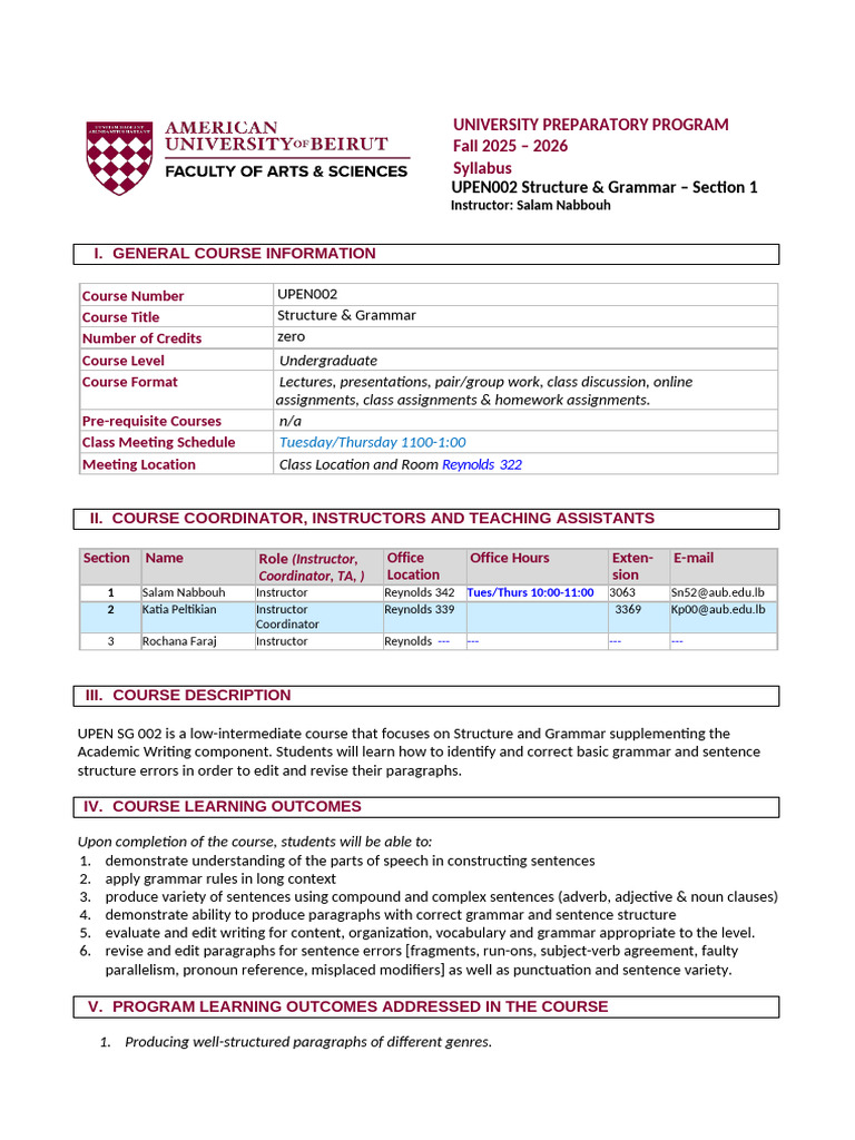 Structure & Grammar Course Syllabus | PDF | Grammatical Tense ...