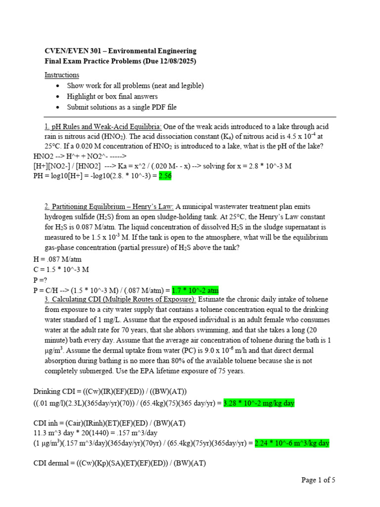CVEN_EVEN 301 - Final Exam Practice Problems (1) | PDF | Magnesium | Calcium