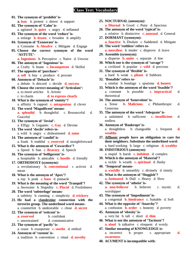 Class Test for Admission on Vocabulary | PDF | Lexical Semantics ...