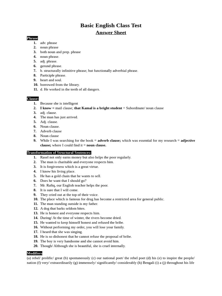 Class Test On Phrase, Clause, Structural Sentences and Modifiers ...