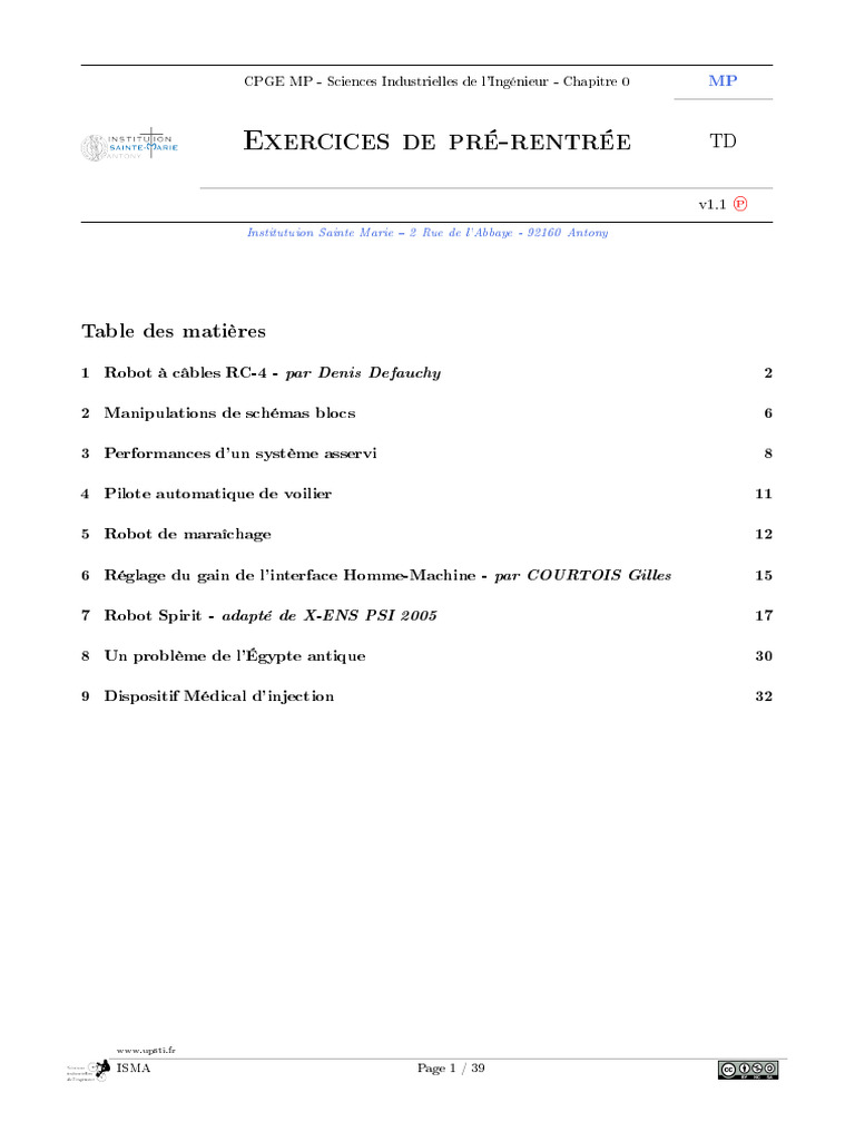 Exercices Pré-rentrée CPGE MP SII | PDF | Régulation | Robot