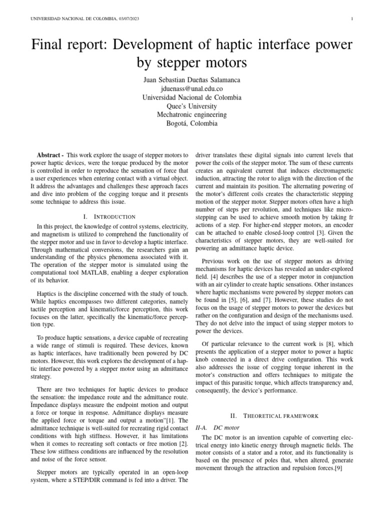 Final Report Development of Haptic Device 2.0 | PDF | Electric Motor ...