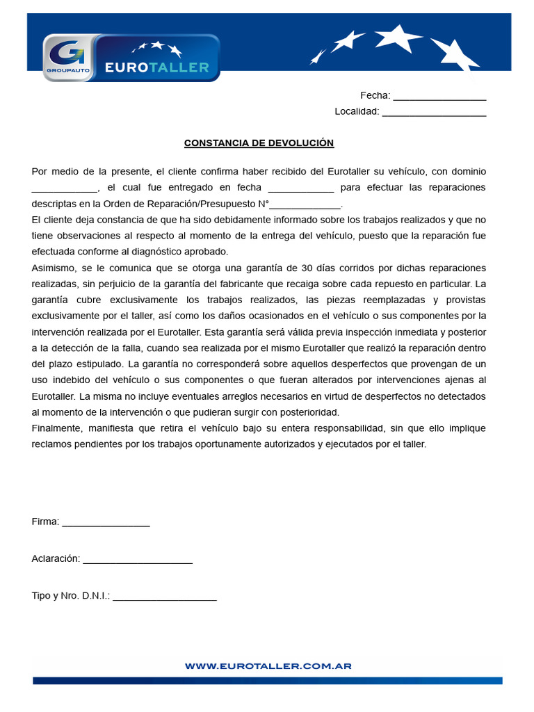 Constancia de Devolución - EUROTALLER | PDF