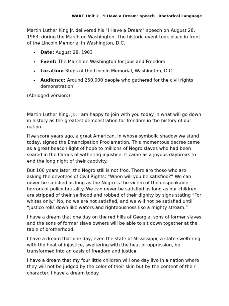 "I Have a Dream" Speech Analysis | PDF | Society Of The United States ...