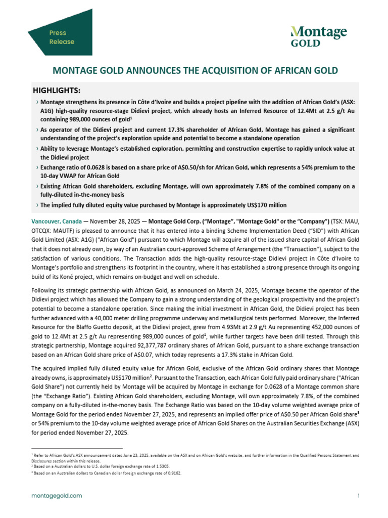 Montage Gold Acquires African Gold | PDF | Business
