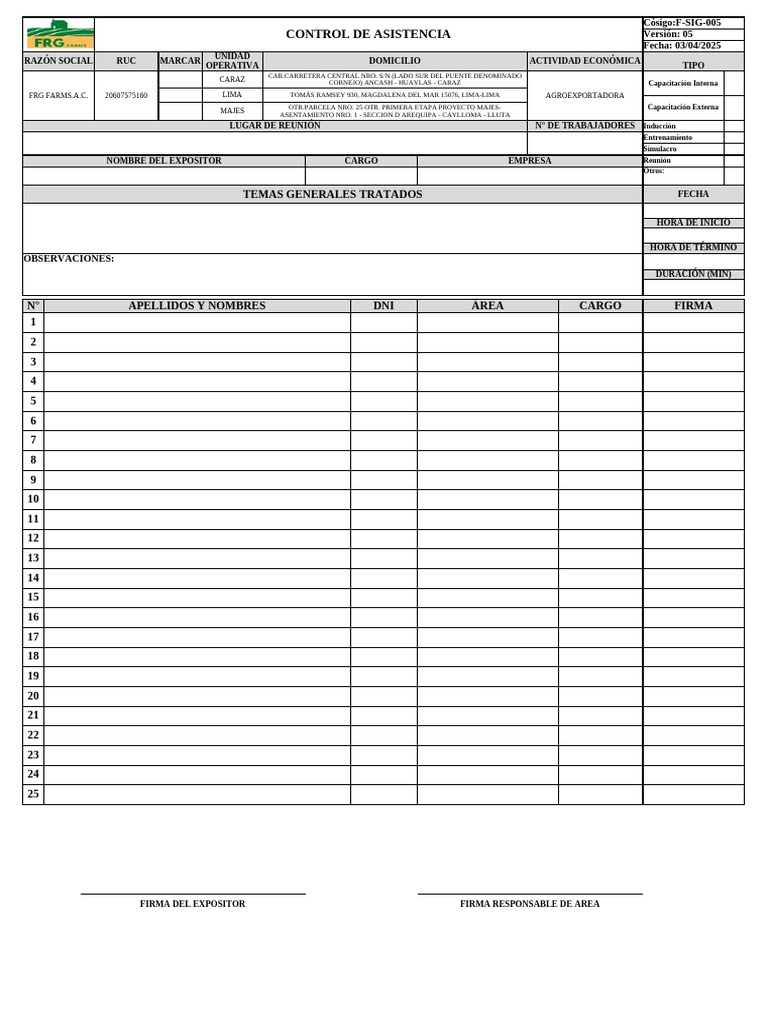 F-SIG-005 CONTROL DE ASISTENCIA_V5 | PDF