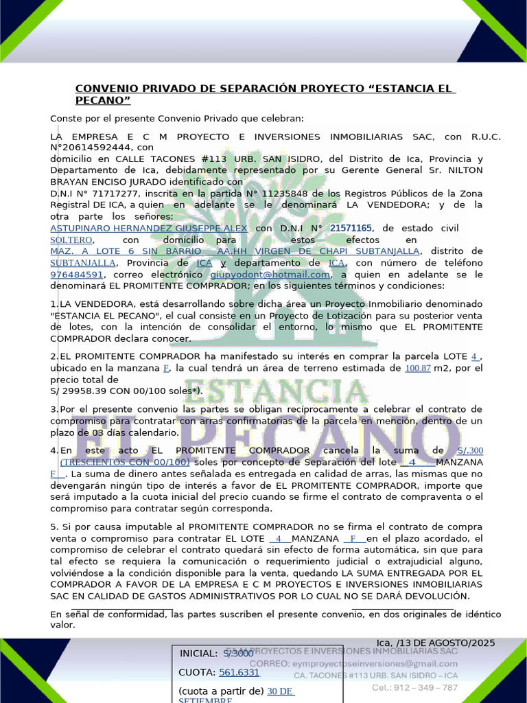 CONVENIO DE SEPARACION - ESTANCIA EL PECANO | PDF
