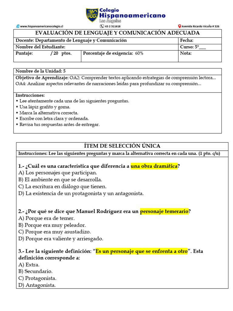 Evaluación 5°A-B. Unidad 5. Aptus. ADECUADA | PDF