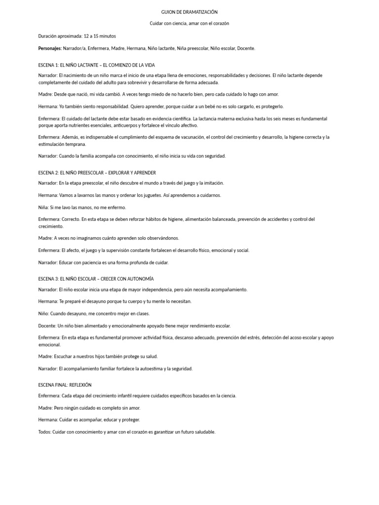 Guion Dramatizacion Cuidado Infantil Extendido | PDF | Educación de la ...