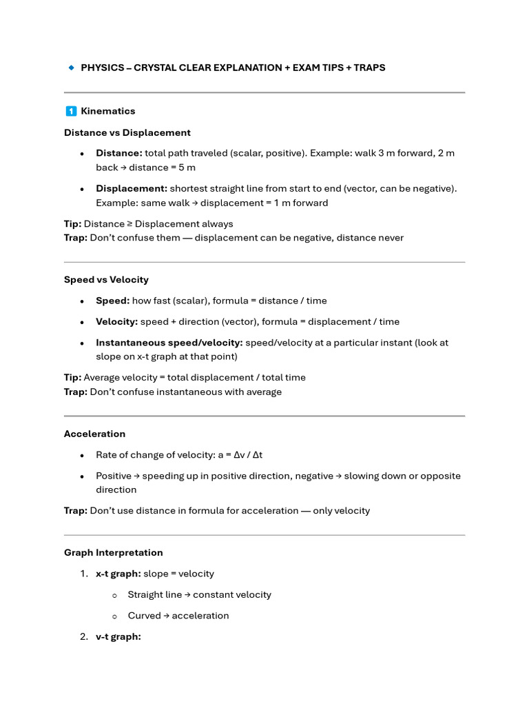 Physics Exam Tips and Concepts Guide | PDF | Velocity | Force