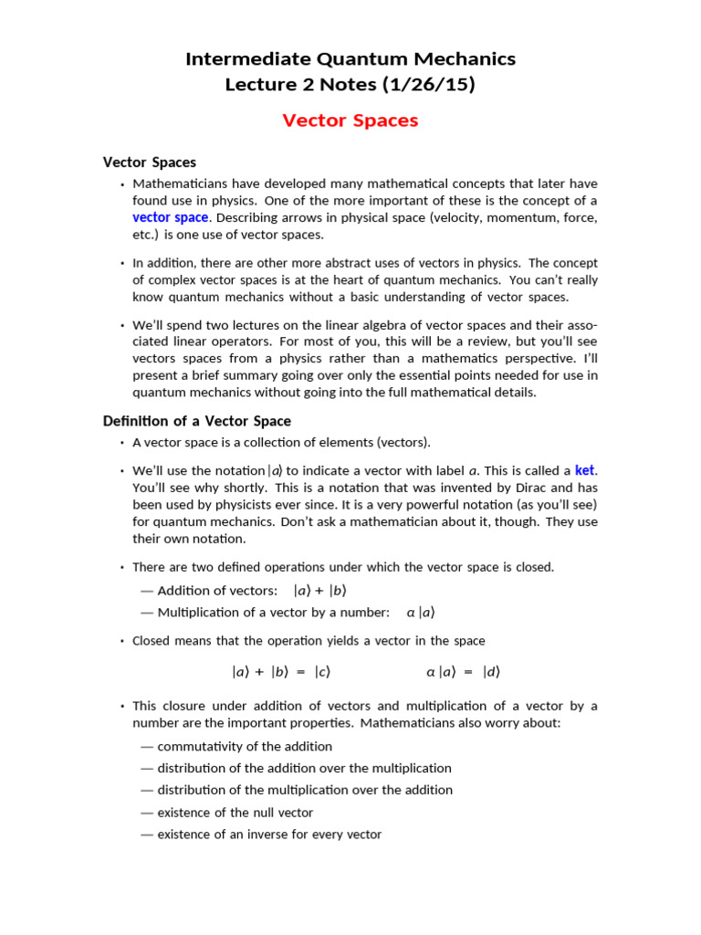 Quantum Mechanics: Vector Spaces Explained | PDF | Vector Space ...