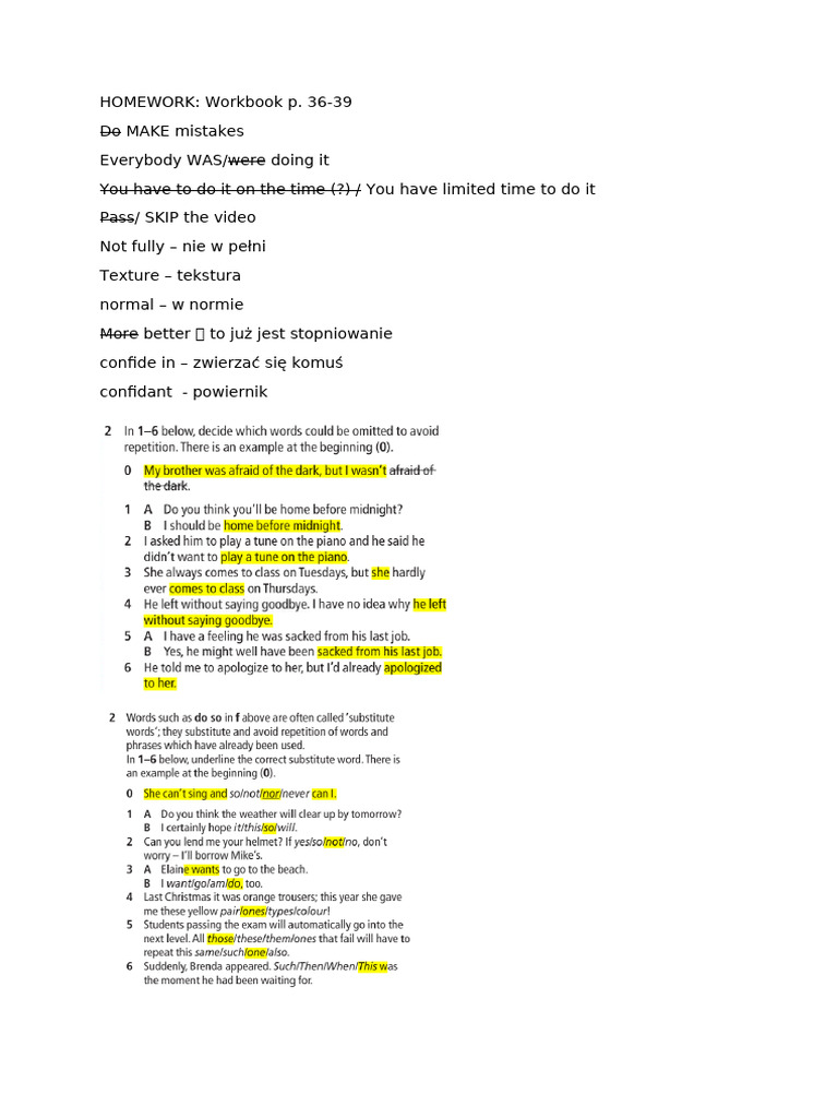 Homework Workbook p. 36-39 Guide | PDF