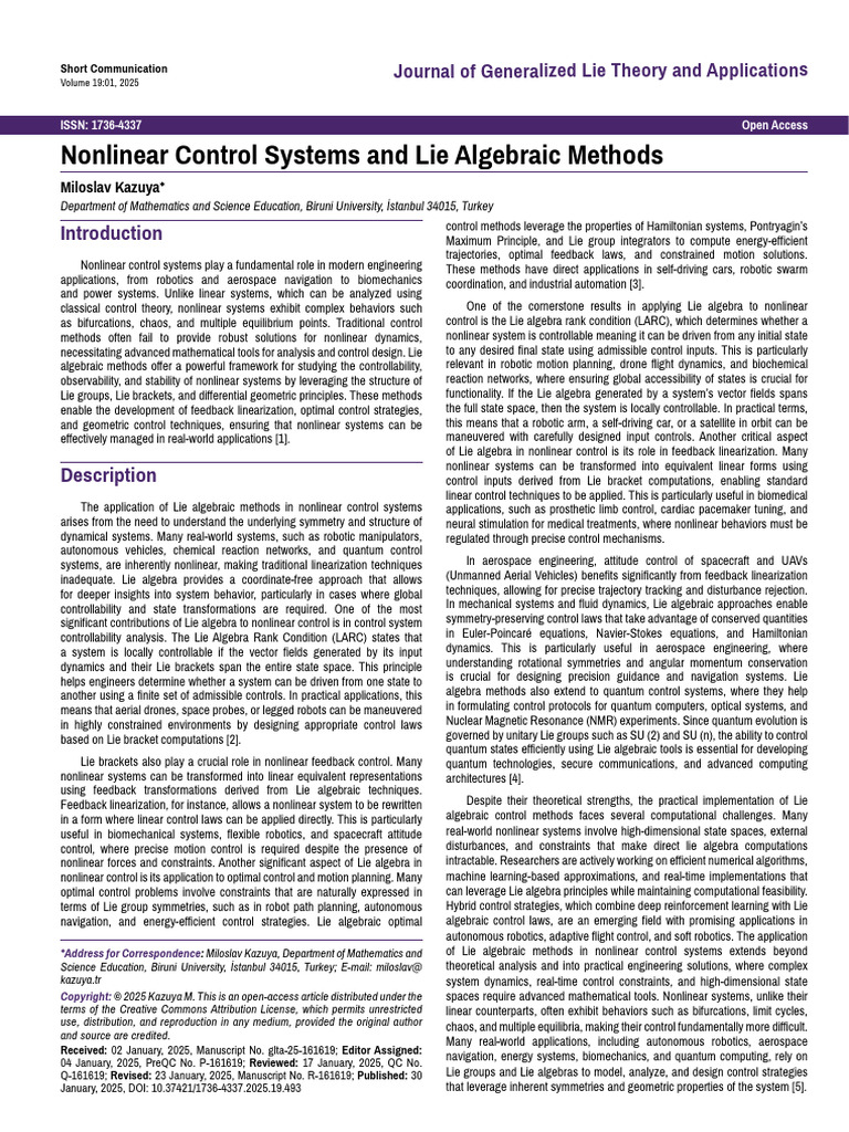 Nonlinear Control via Lie Algebra Methods | PDF | Control Theory ...