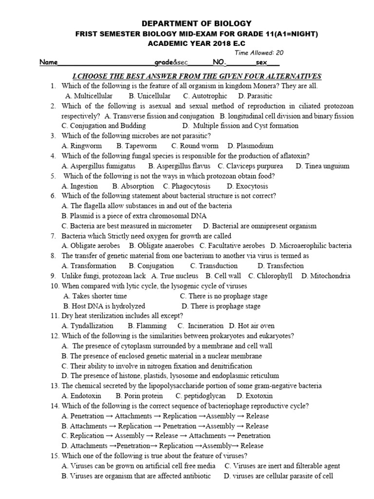 Grade 11 Biology Mid-Exam 2018 E.C. | PDF | Bacteria | Cell (Biology)