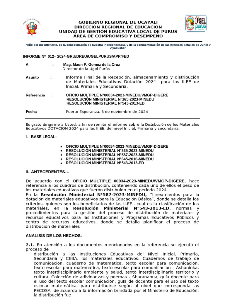 Informe Final Ugel Purus | PDF | Educación de la primera infancia ...