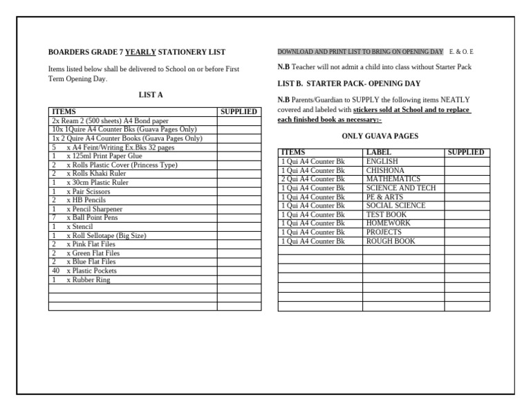 Grade 7 Yearly Stationery List | PDF