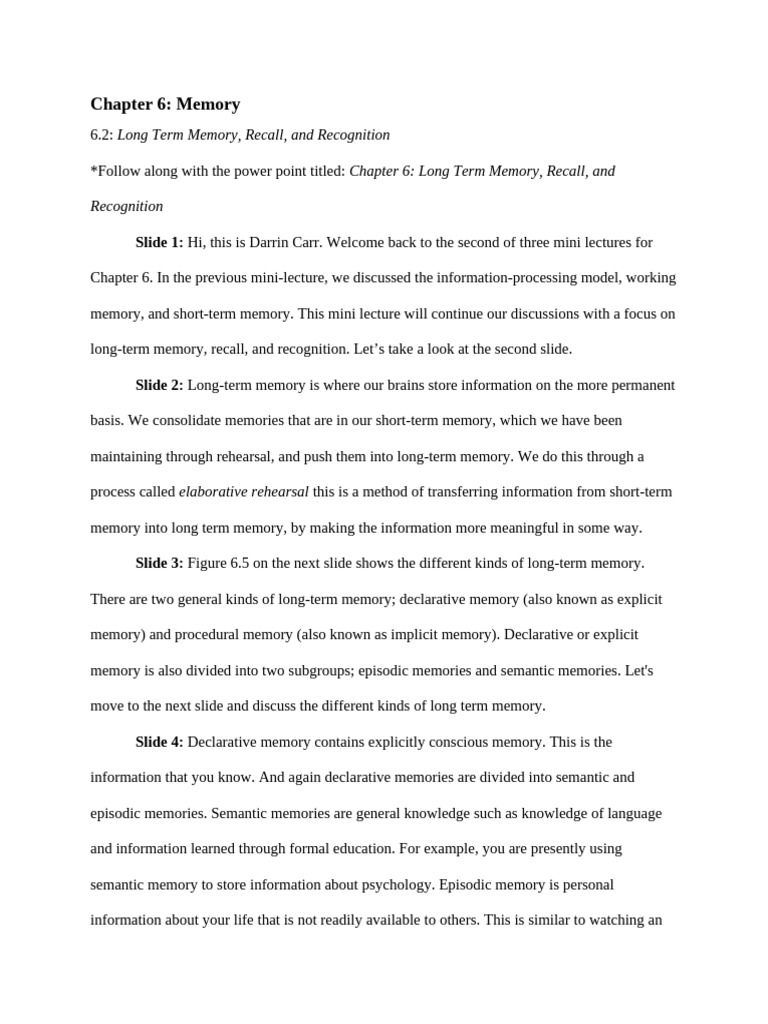 Chapter 6 Long Term Memory, Recall, And Recognition (2) | PDF | Recall ...