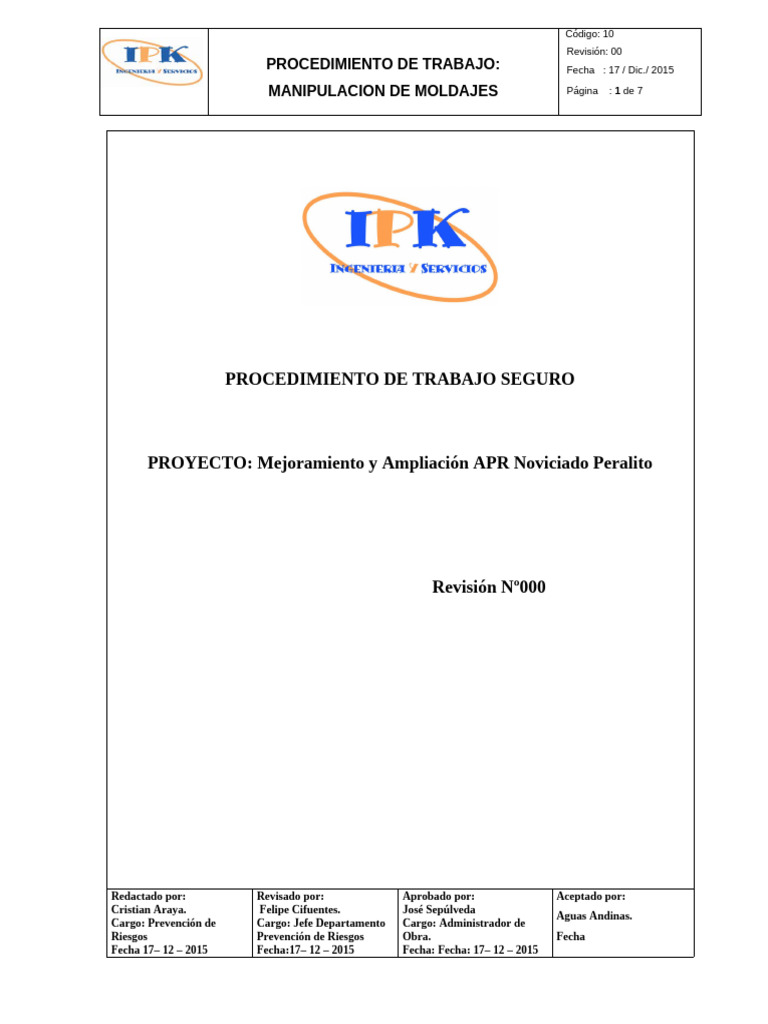 10-Procedimiento de Trabajo MANIPULACION DE MOLDAJES.-rev 00 | PDF ...