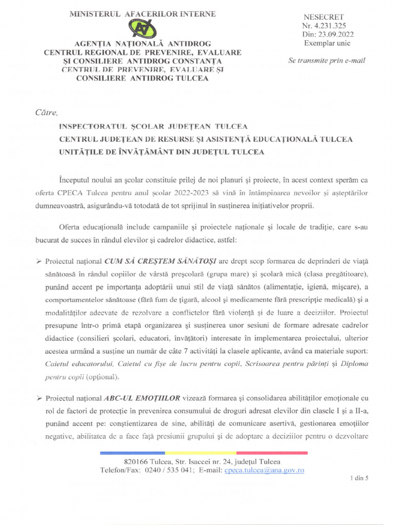 Adresa Insotire Oferta Educationala CPECA Tulcea Ptr an Scolar 2022-2023 | PDF