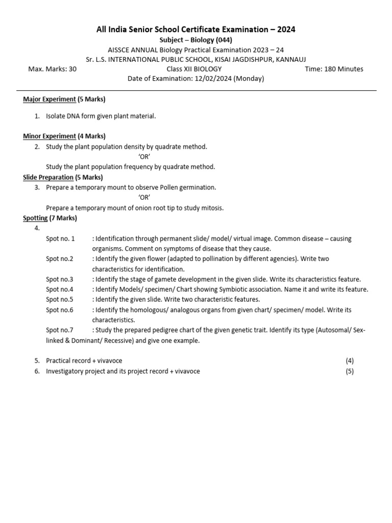 AISSCE 2024 Biology Practical Exam Guide | PDF