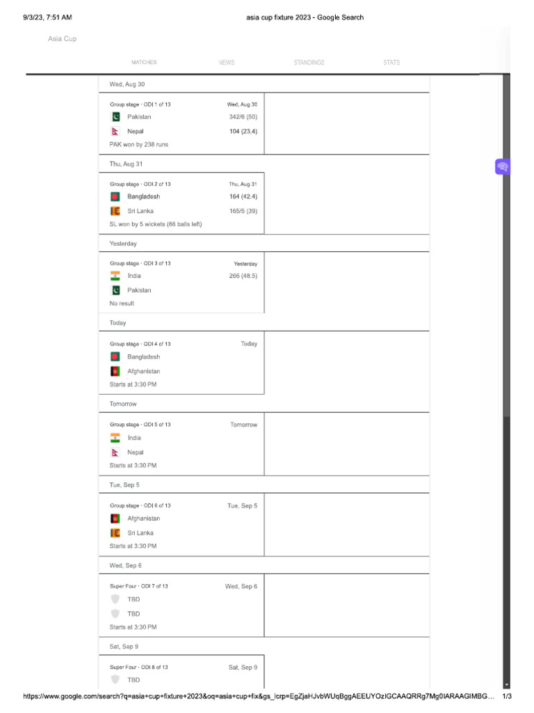 Asia Cup Fixture | PDF