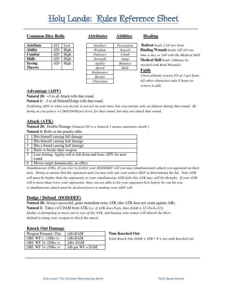 Holy Lands RPG: Rules Reference Sheet | PDF | Dice | Role Playing Games