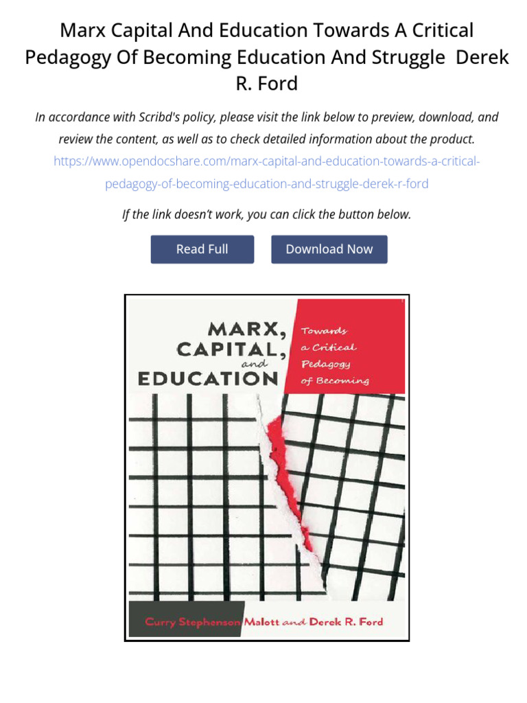 Marx Capital and Education Towards A Critical Pedagogy of Becoming ...