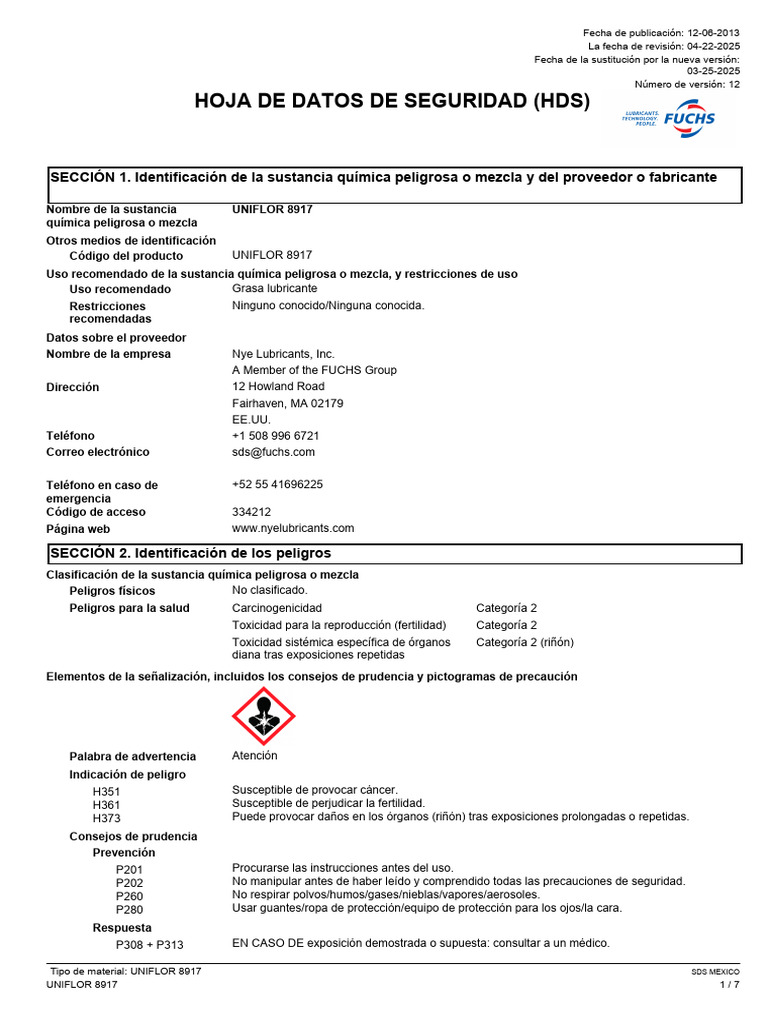 Hoja de Datos de Seguridad UNIFLOR 8917 | PDF | Toxicidad