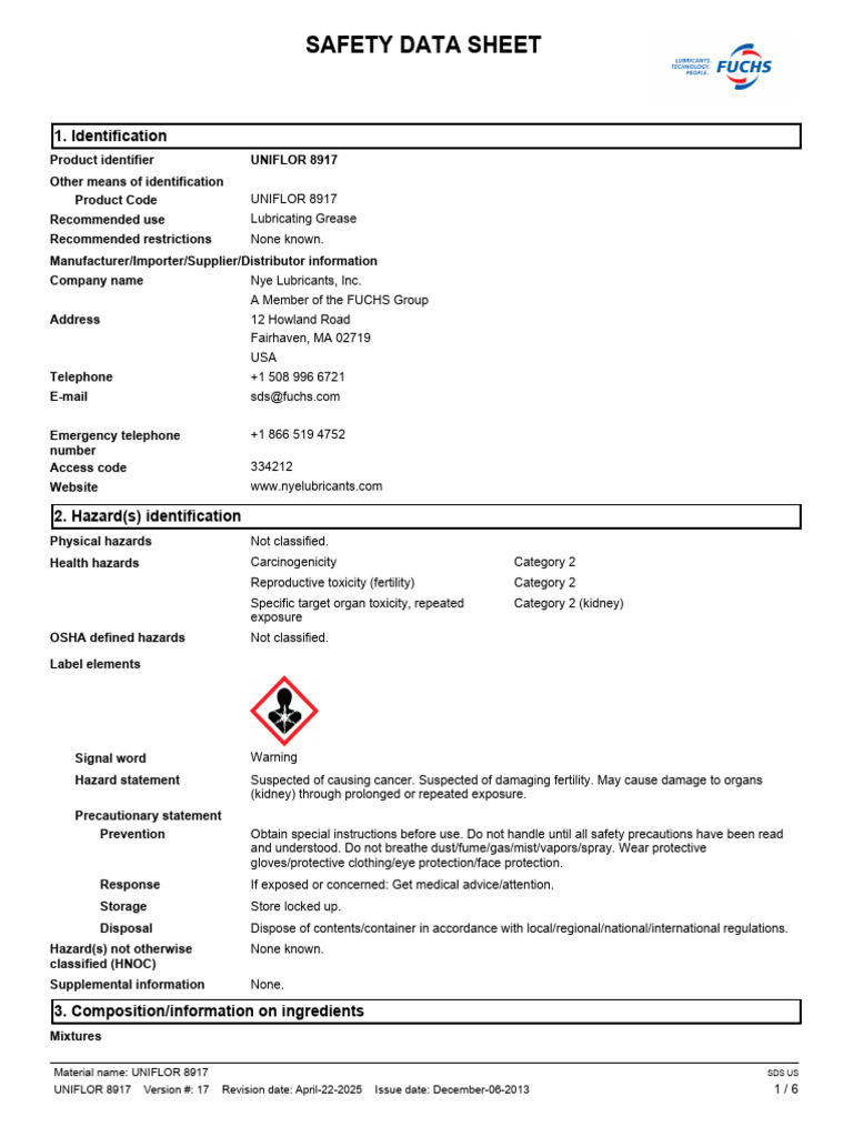 UNIFLOR 8917 Safety Data Sheet | PDF | Occupational Safety And Health ...