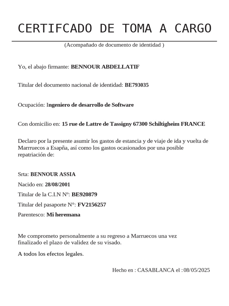 Attestation de Prise en Charge-Espagnol | PDF