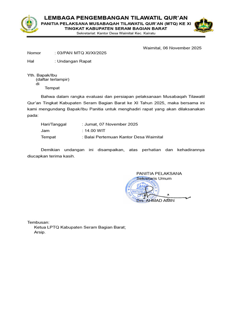 Undangan Rapat MTQ XI Kabupaten SBB | PDF