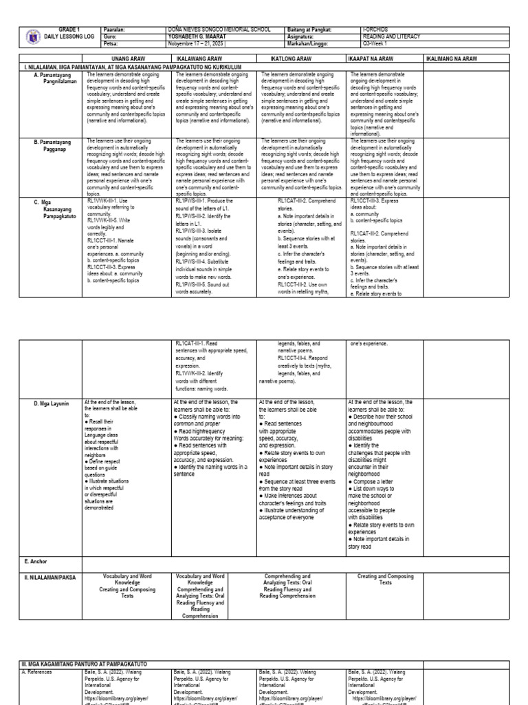 Grade 1 Reading Lesson Plan Overview | PDF | Reading Comprehension ...