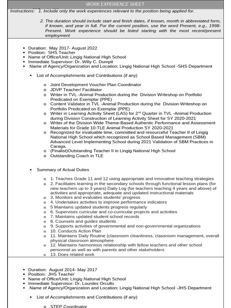 Work Experience Sheet for Teachers | PDF | Teachers | Behavior Modification