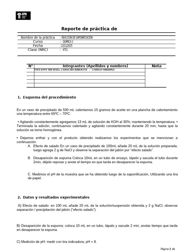 FORMATO_Reporte de resultados laboratorio_2024_1 (1) (1) | PDF | Jabón | Química Física