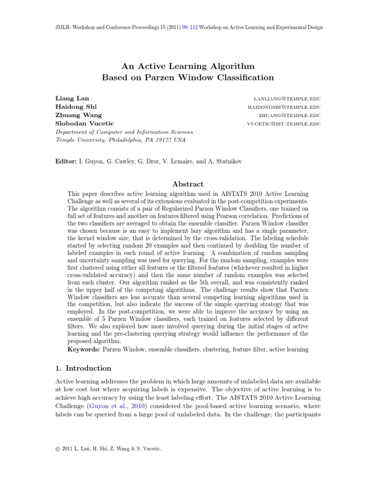 An Active Learning Algorithm Based On Parzen Window Classification | PDF | Cluster Analysis | P ...