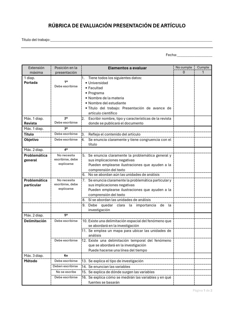 Rúbrica 01 Para Presentación Oral | PDF