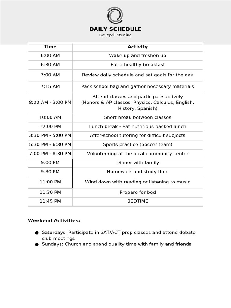 Simple Daily Schedule Template | PDF