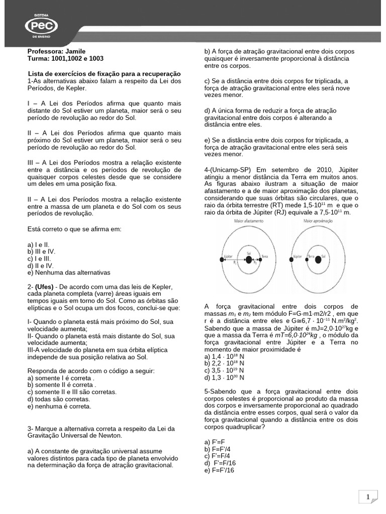Exercícios de REC 1º Ano | PDF | Massa | Gravidade