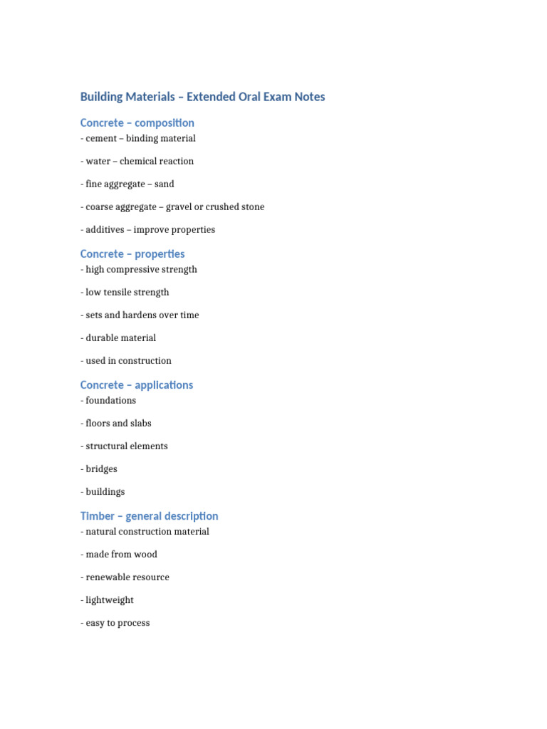 Building Materials Exam Notes: Concrete & Timber | PDF