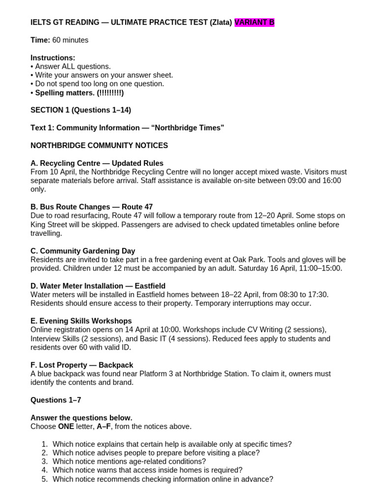 IELTS GT Reading Practice Test B | PDF | Adult Education ...