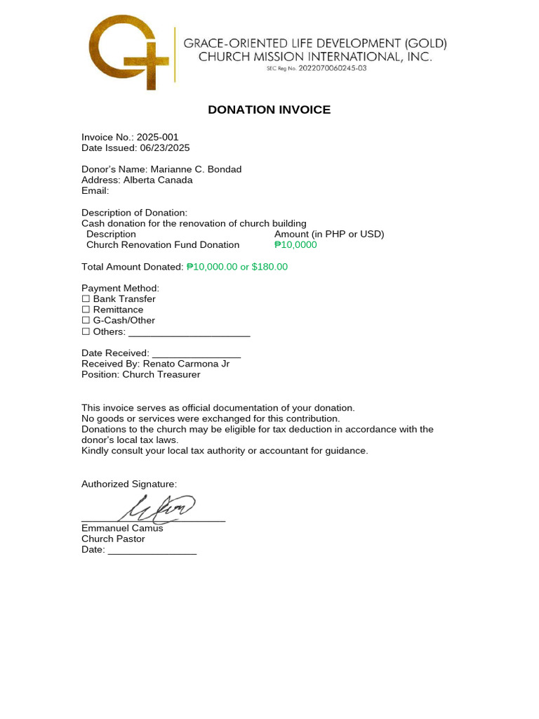 Church Renovation Donation Invoice | PDF