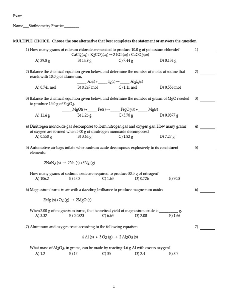 Stoichiometry Practice | PDF | Nitrogen | Mole (Unit)