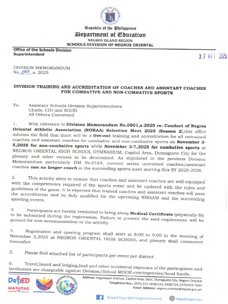 DM No. 0911 S. 2025 Division Training and Accreditation of Coaches and ...