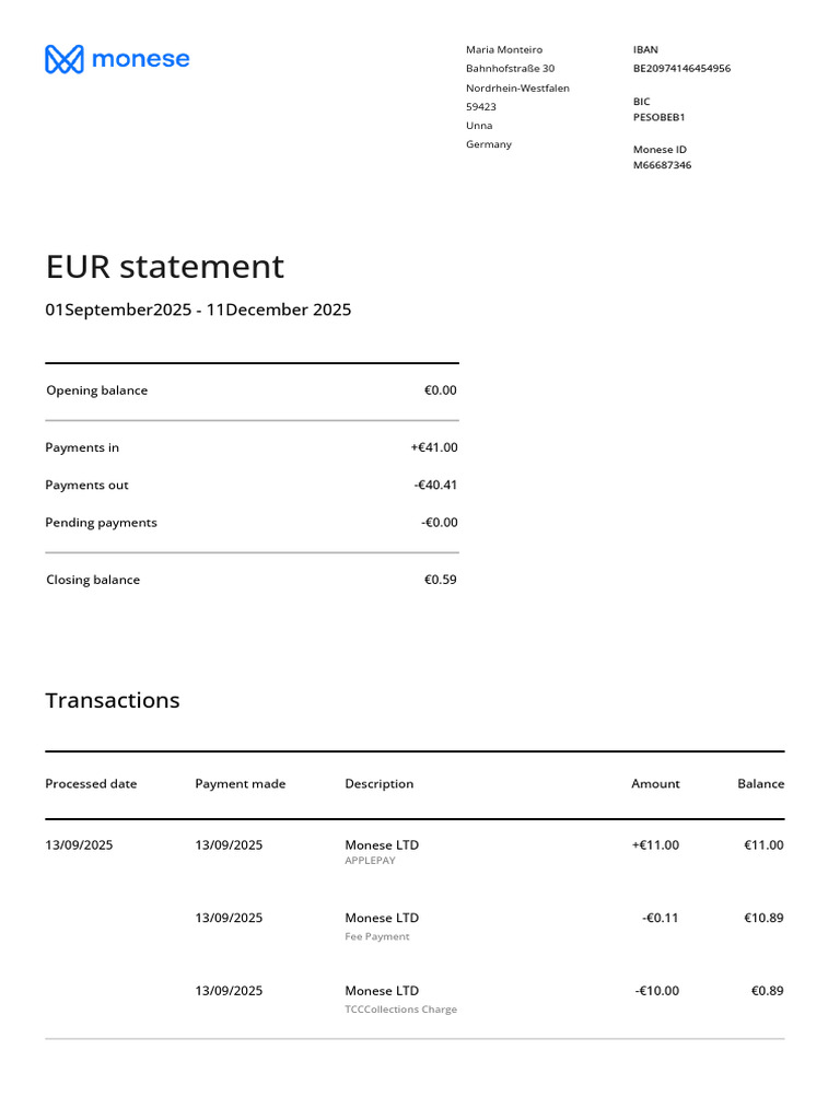 Monese EUR Statement Overview 2025 | PDF | Financial Services ...